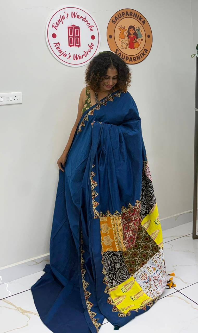 Buy Soft handloom cotton Patchwork saree | Renju’s Wardrobe